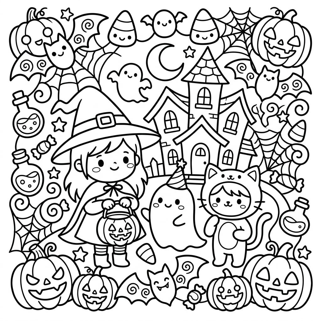 Kawaii Halloween Coloring: Witch, Ghost & Cat