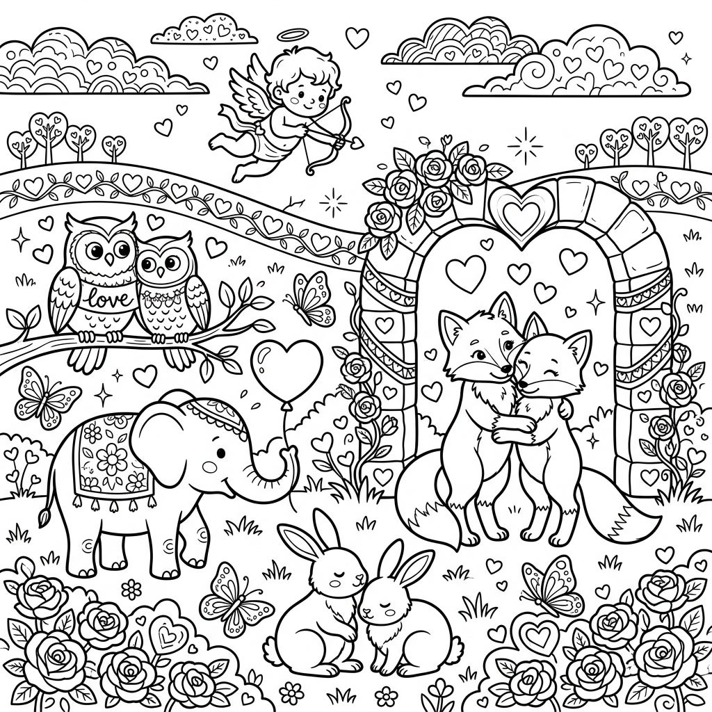 Valentine's Day Animals: Full Scene Coloring Page — Color Pop