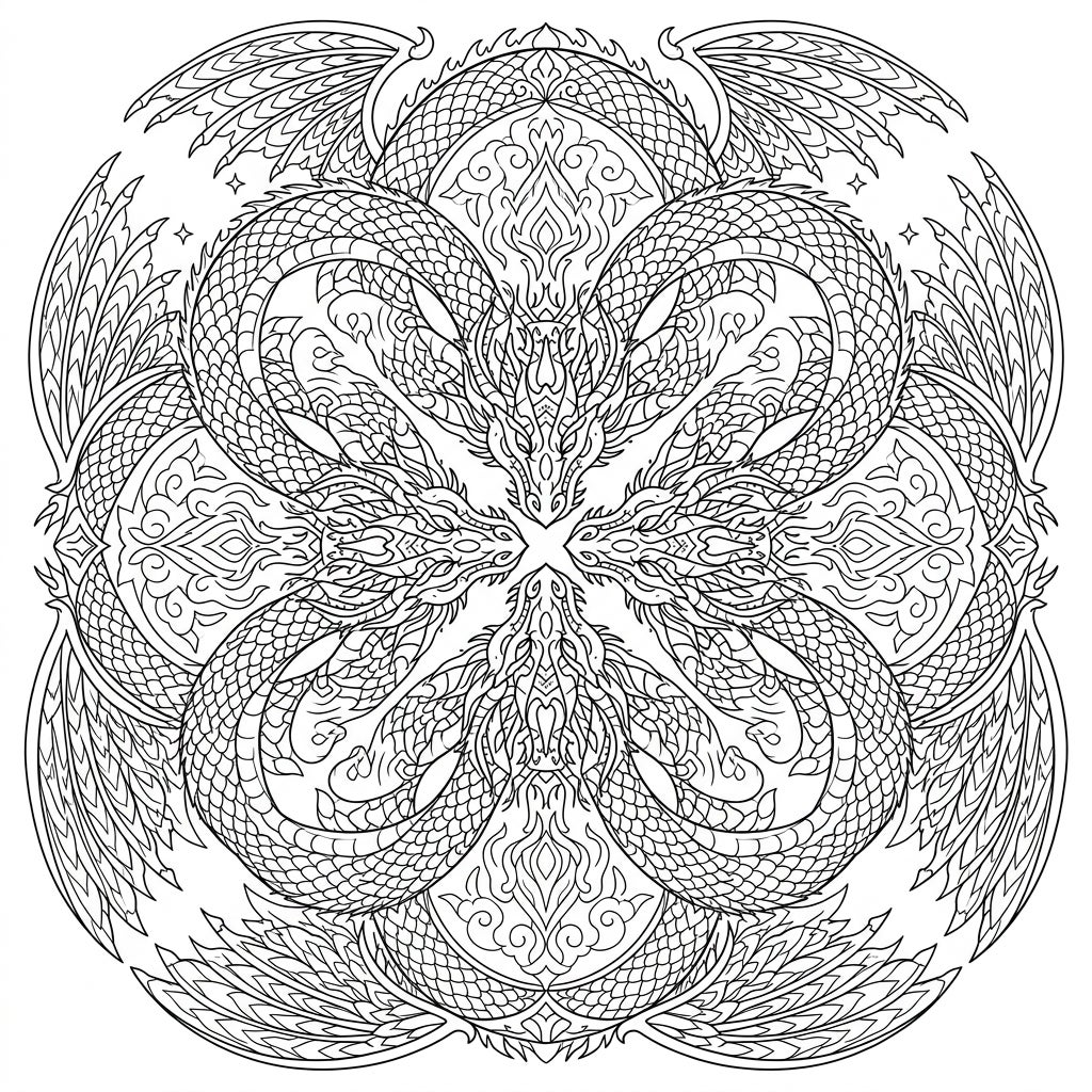 Mythical Dragon Kaleidoscope Coloring Page for Teens