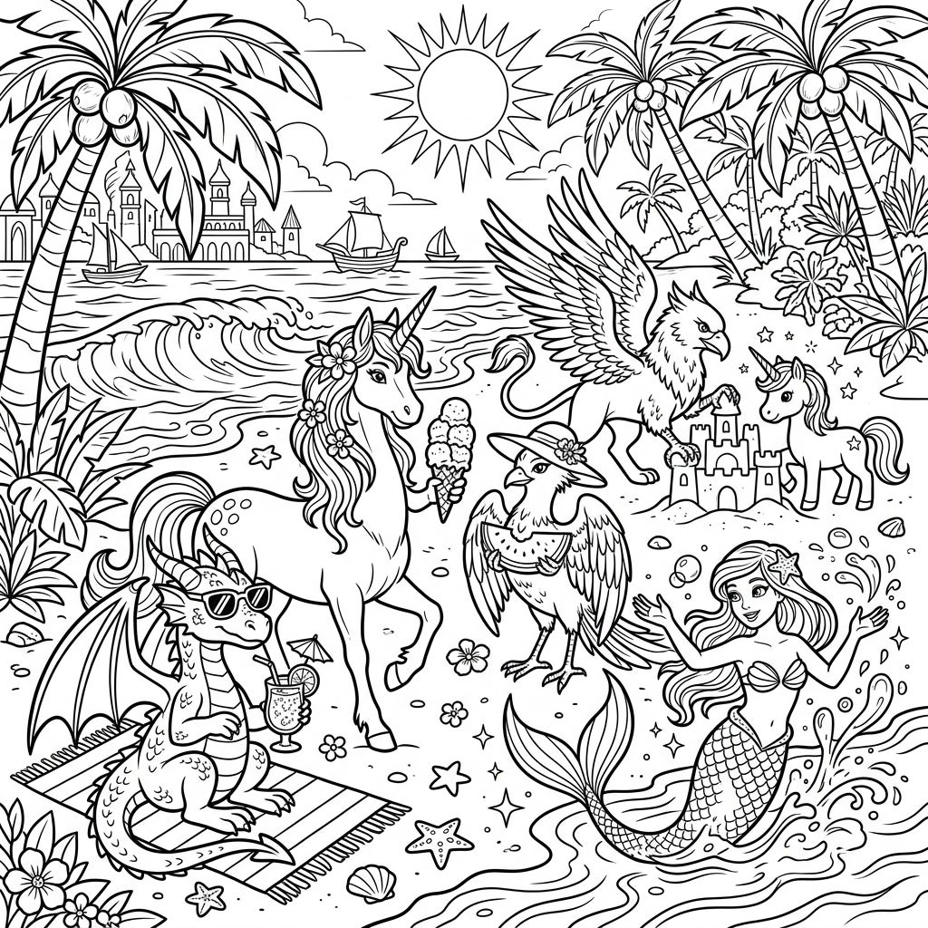 Fantasy Summer Beach Adventure Coloring Page