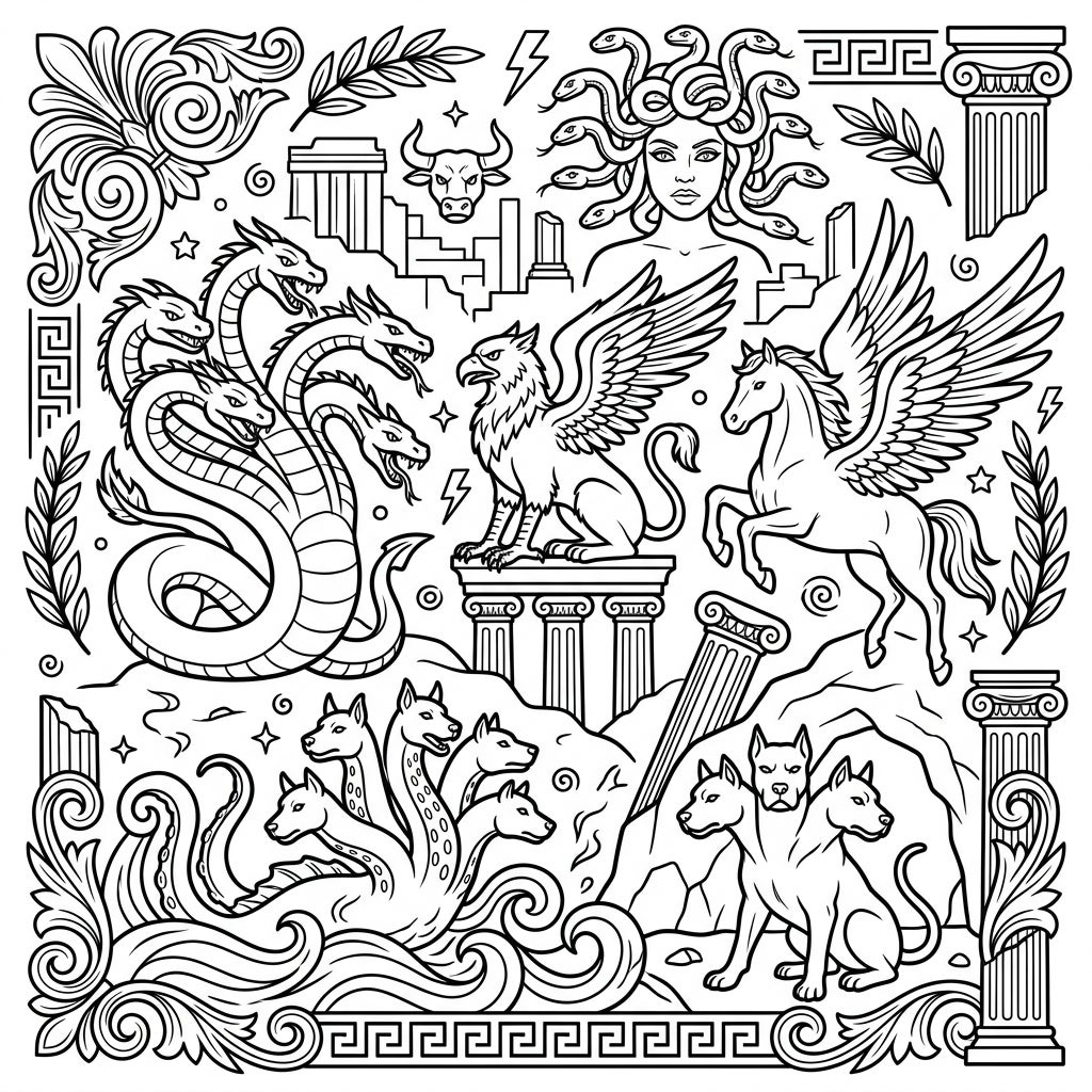 Greek Mythological Creatures Coloring Page | Legendary Beasts