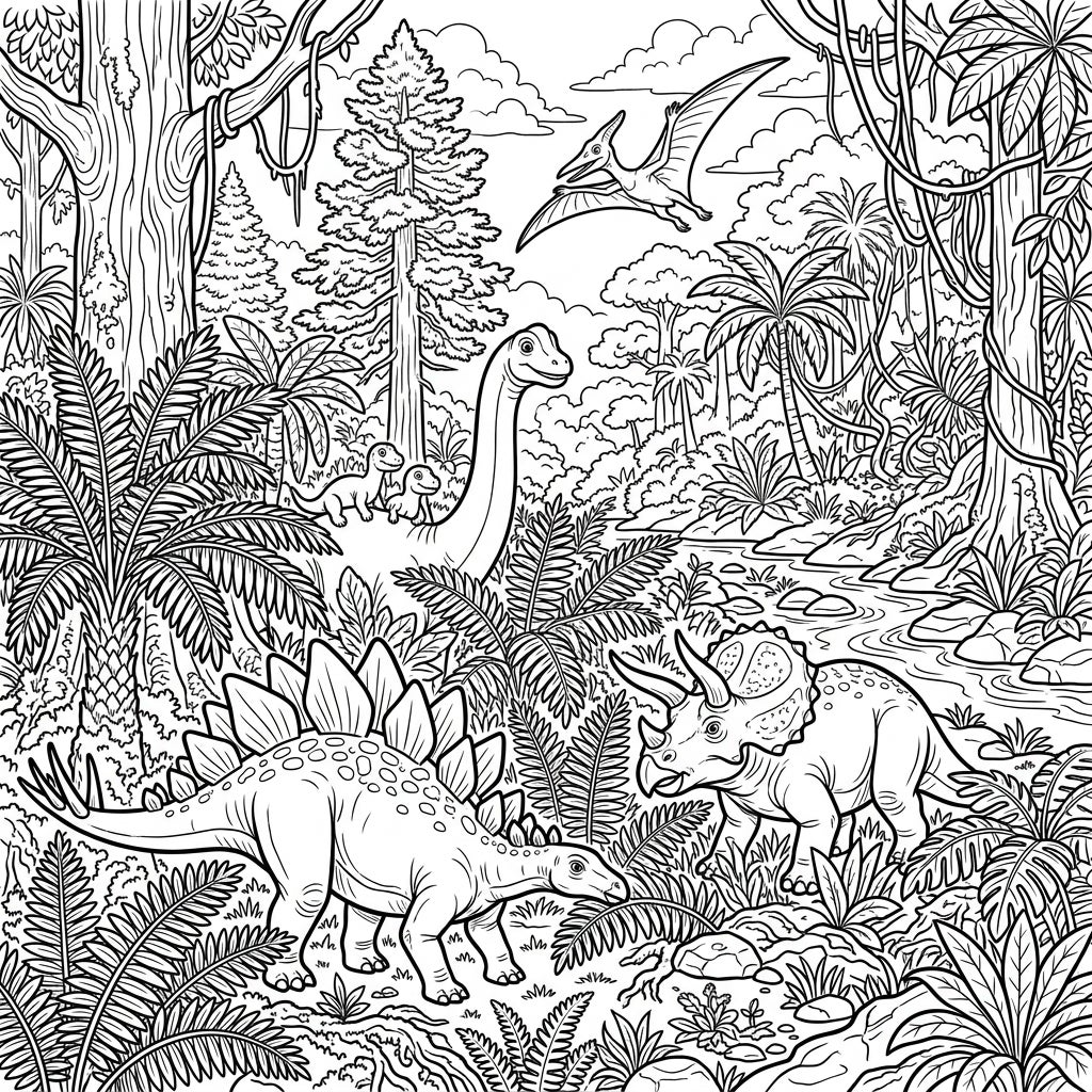 Dinosaur Jungle Coloring Page - Prehistoric Adventure