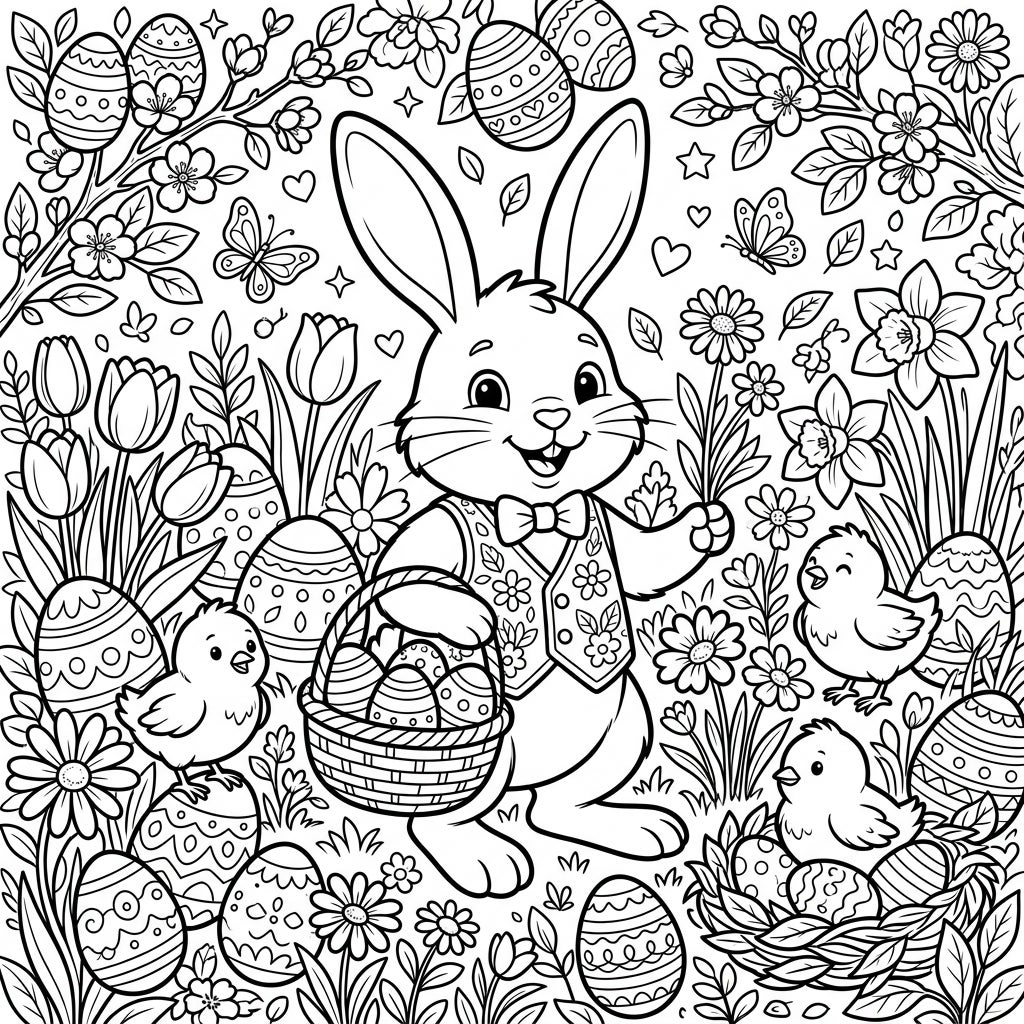 Conejo de Pascua y Pollitos: Lámina festiva para colorear — Color Pop