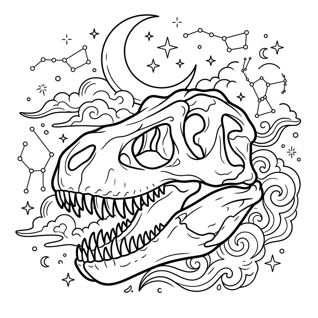 Cráneo de T-Rex Nocturno para Colorear | Gratis Imprimible — Color Pop