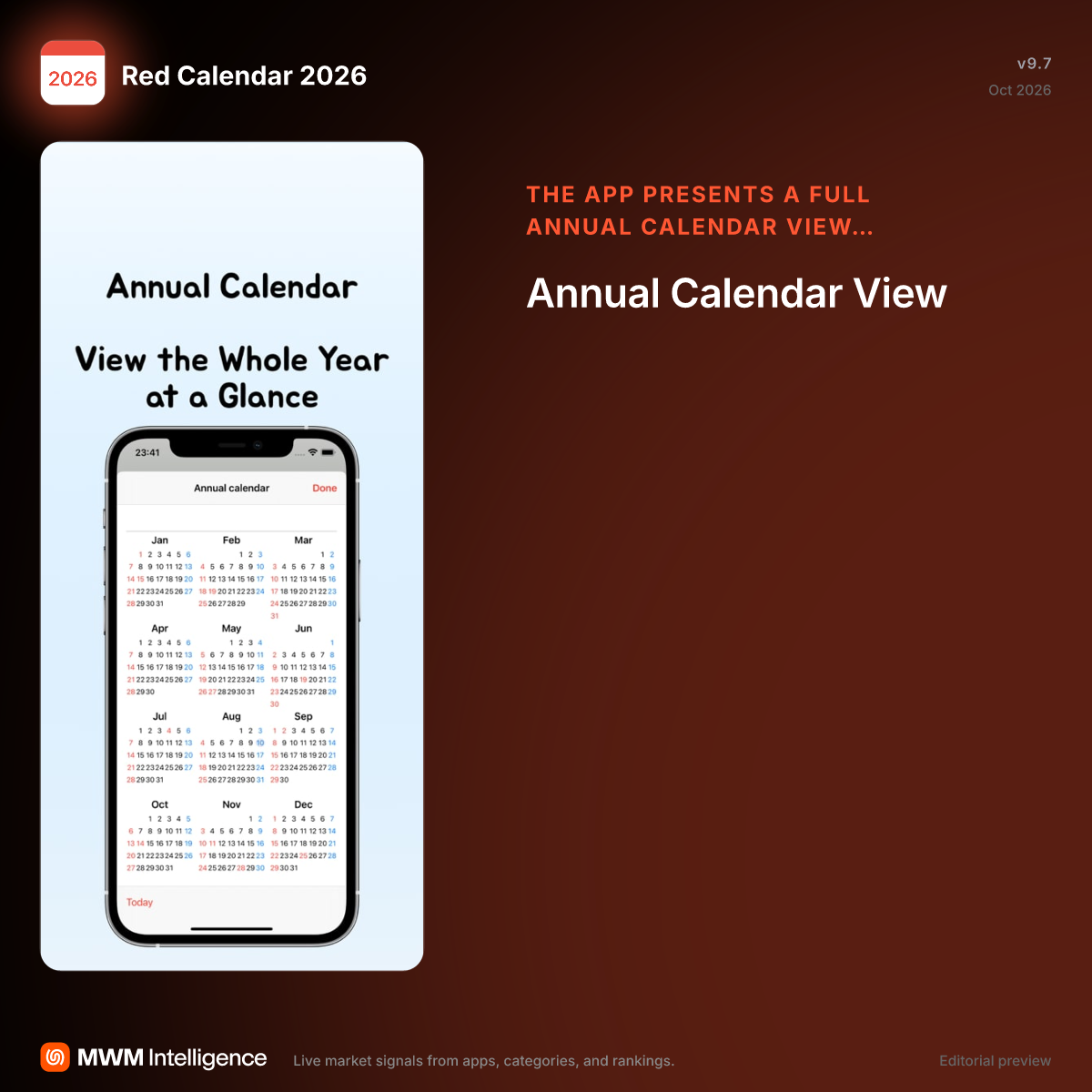 Red Calendar 2026 - Productivity App | MWM