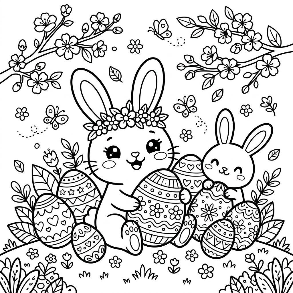 Kawaii Easter Bunnies & Eggs Coloring Page | Cute Holiday Fun — Color Pop