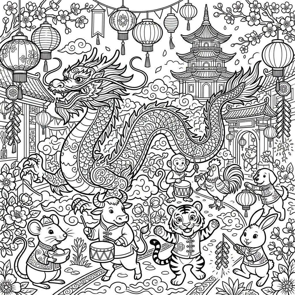 Lunar New Year Dragon & Zodiac Animals Coloring Page