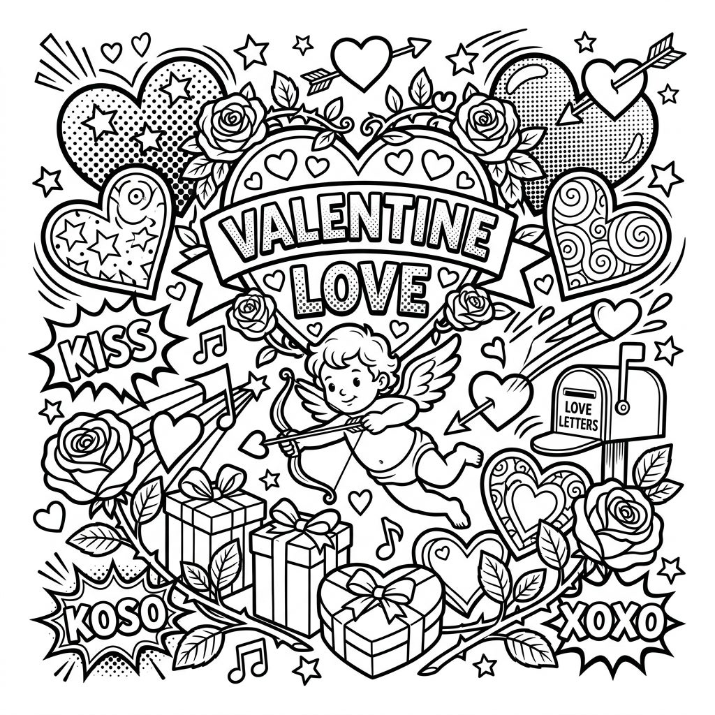 San Valentino Pop Art: Pagina da Colorare Festiva — Color Pop