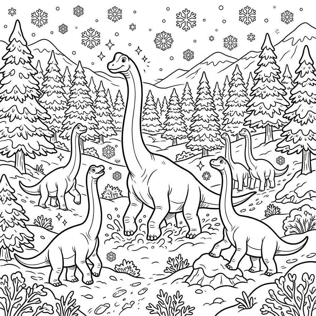 Brachiosaurus Herd in Winter Wonderland Coloring Page