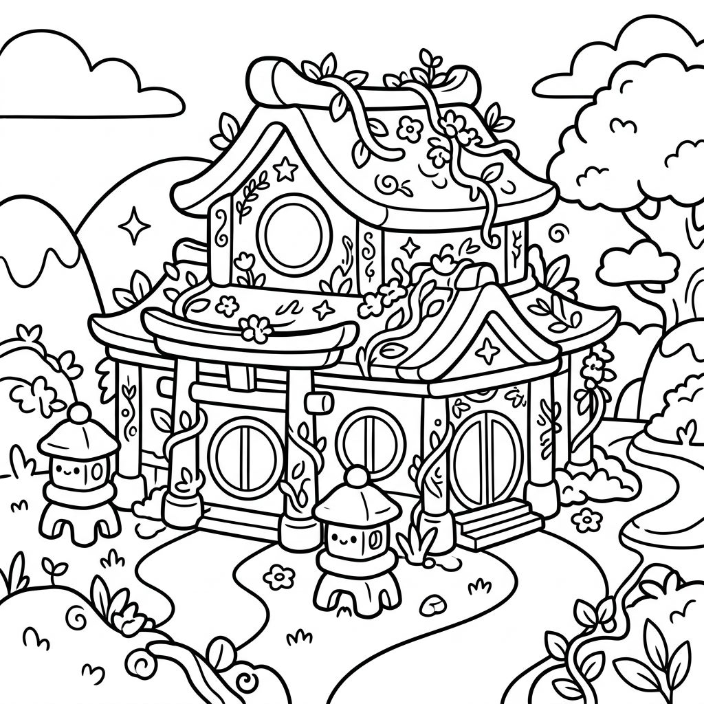 Coloriage Ruines de Temple Kawaii - Dessin à Imprimer Gratuit — Color Pop