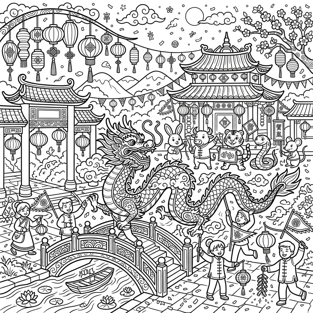 Lunar New Year Celebration Coloring Page | Dragon & Zodiac — Color Pop