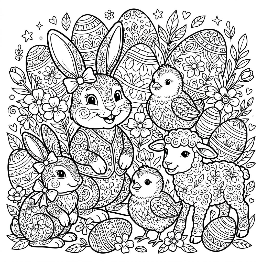 Zentangle Easter Animals Coloring Page - Bunnies & Chicks