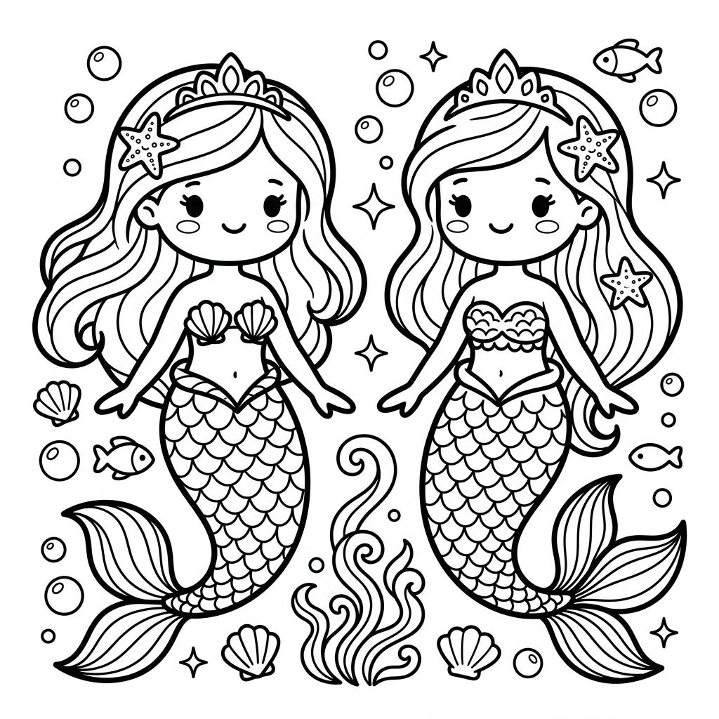 Reinas Sirenas Kawaii para colorear gratis y divertido — Color Pop