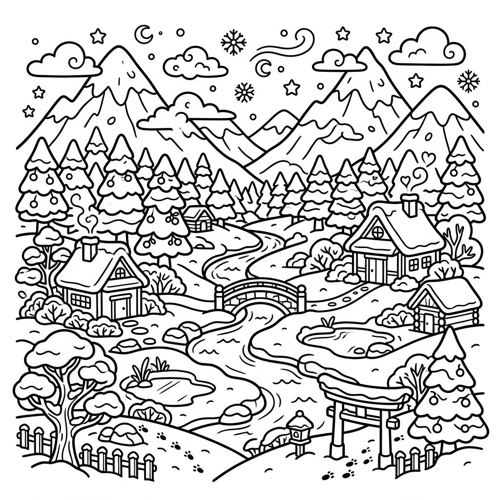 Paesaggio Invernale Kawaii da Colorare: Natura e Montagne — Color Pop
