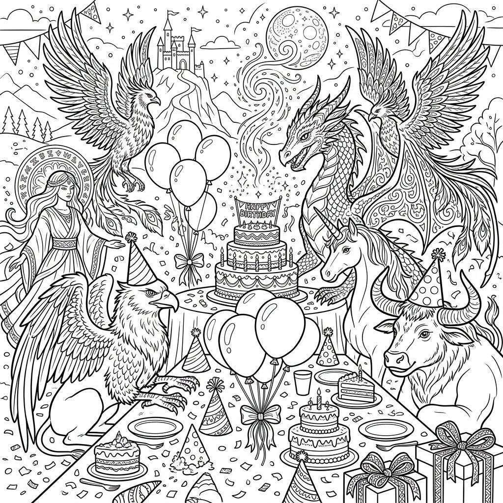 Pagina da Colorare Fantasia & Mitologia: Festa di Compleanno — Color Pop