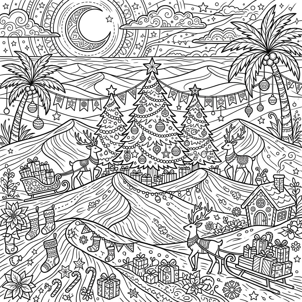 Sand Dunes Christmas Coloring Page - Festive Desert Scene