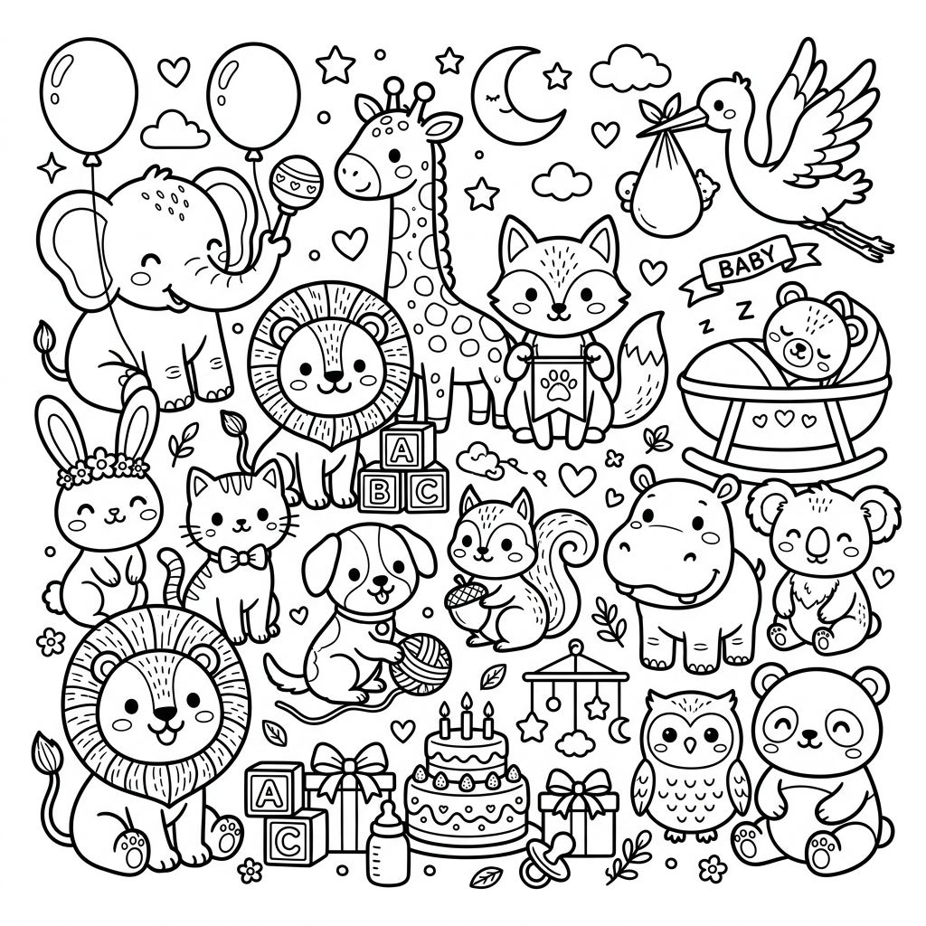 Kawaii Animals Coloring Page for Baby Shower Fun — Color Pop