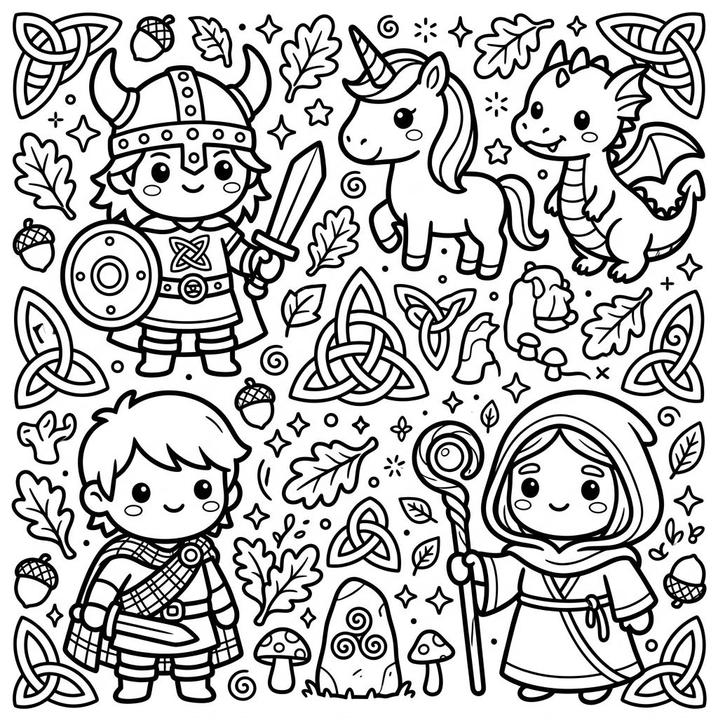 ケルトの登場人物：カワイイ戦士と神話の生き物塗り絵【無料印刷可能】 — Color Pop