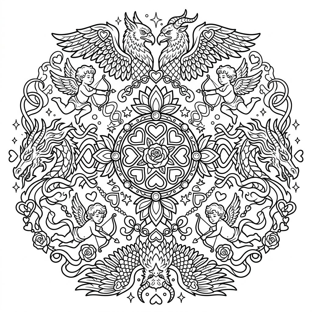 Fantasy Valentine's Mandala Coloring Page - Mythical Love