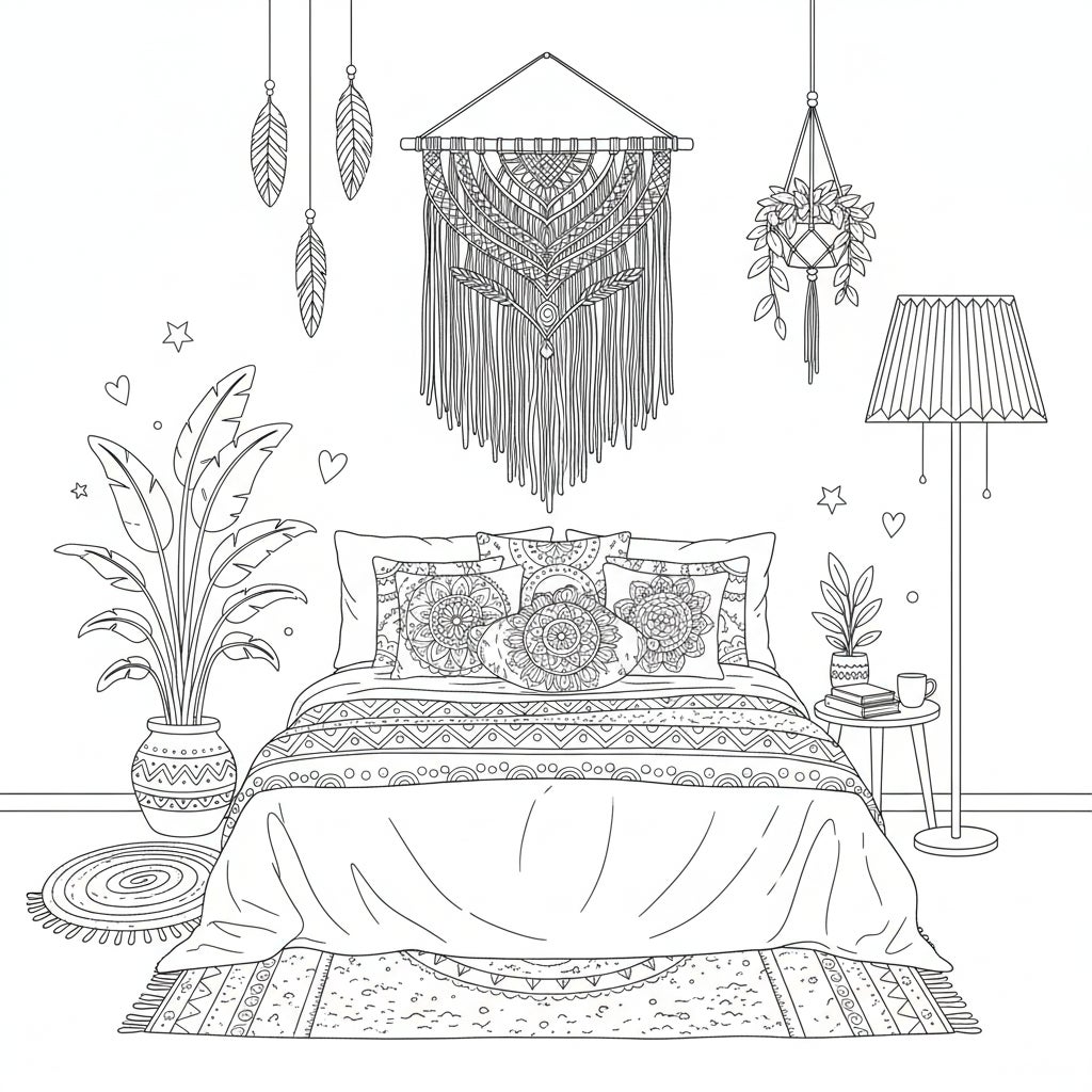Boho Bedroom Coloring Page - Relaxing Decor for Adults — Color Pop