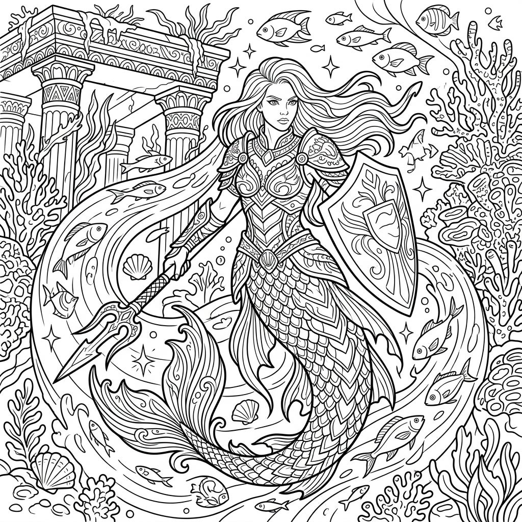 Warrior Mermaid Coloring Page - Fantasy Art Printable