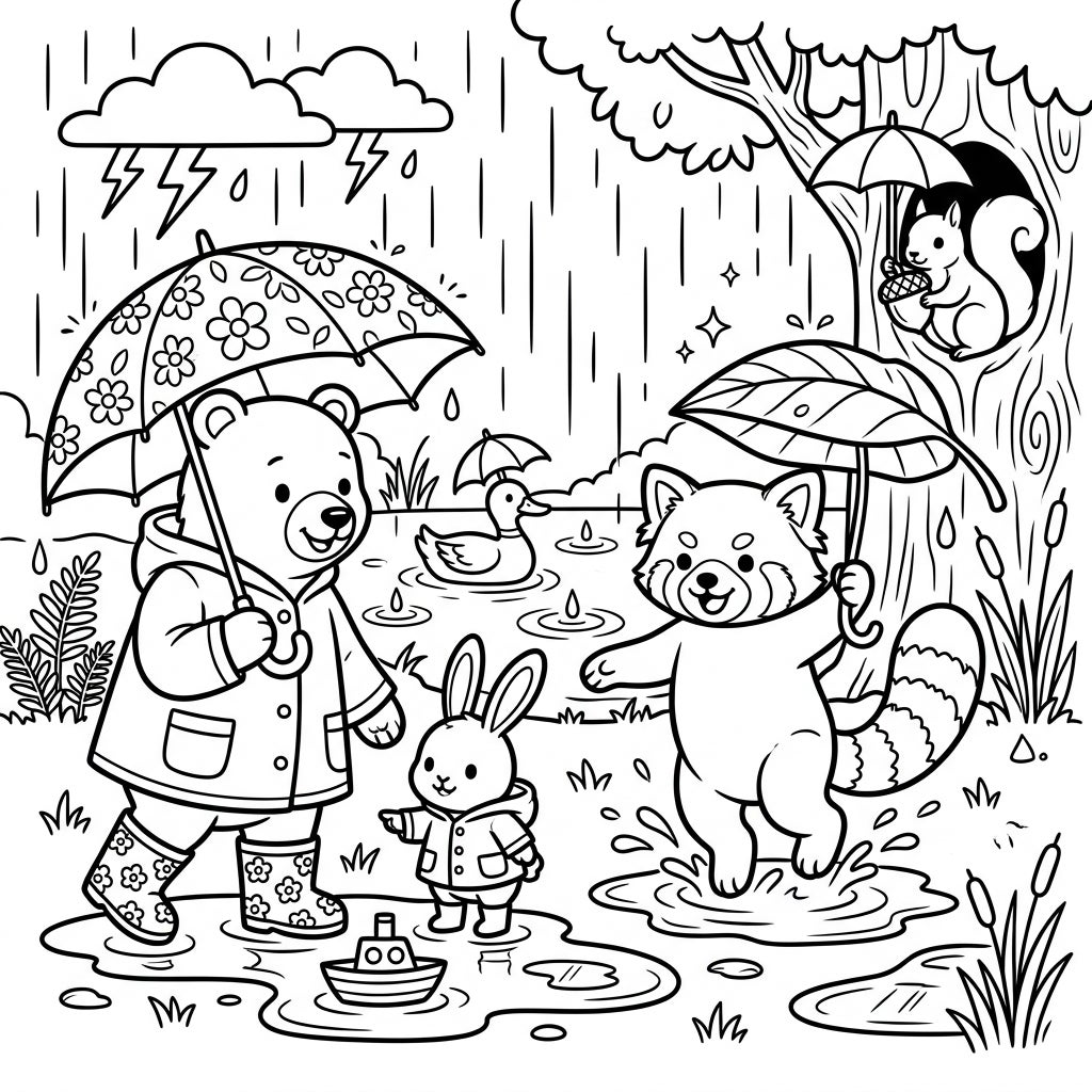 Rainy Day Animal Fun: Kids Coloring Page with Bear & Friends