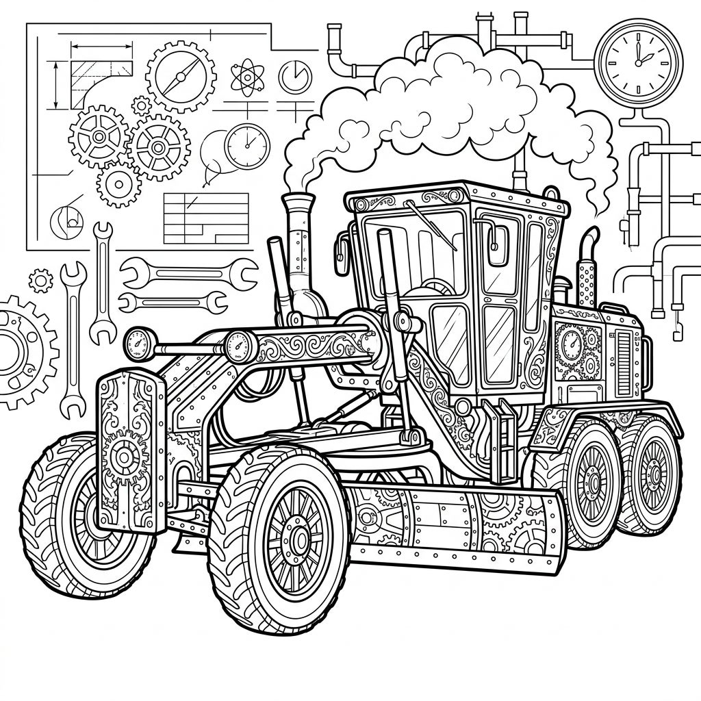 Steampunk Motor Grader Coloring Page - Industrial Art Fun