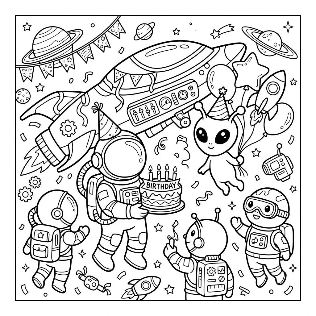 Kids' Space Birthday Coloring Page - Astronauts & Aliens