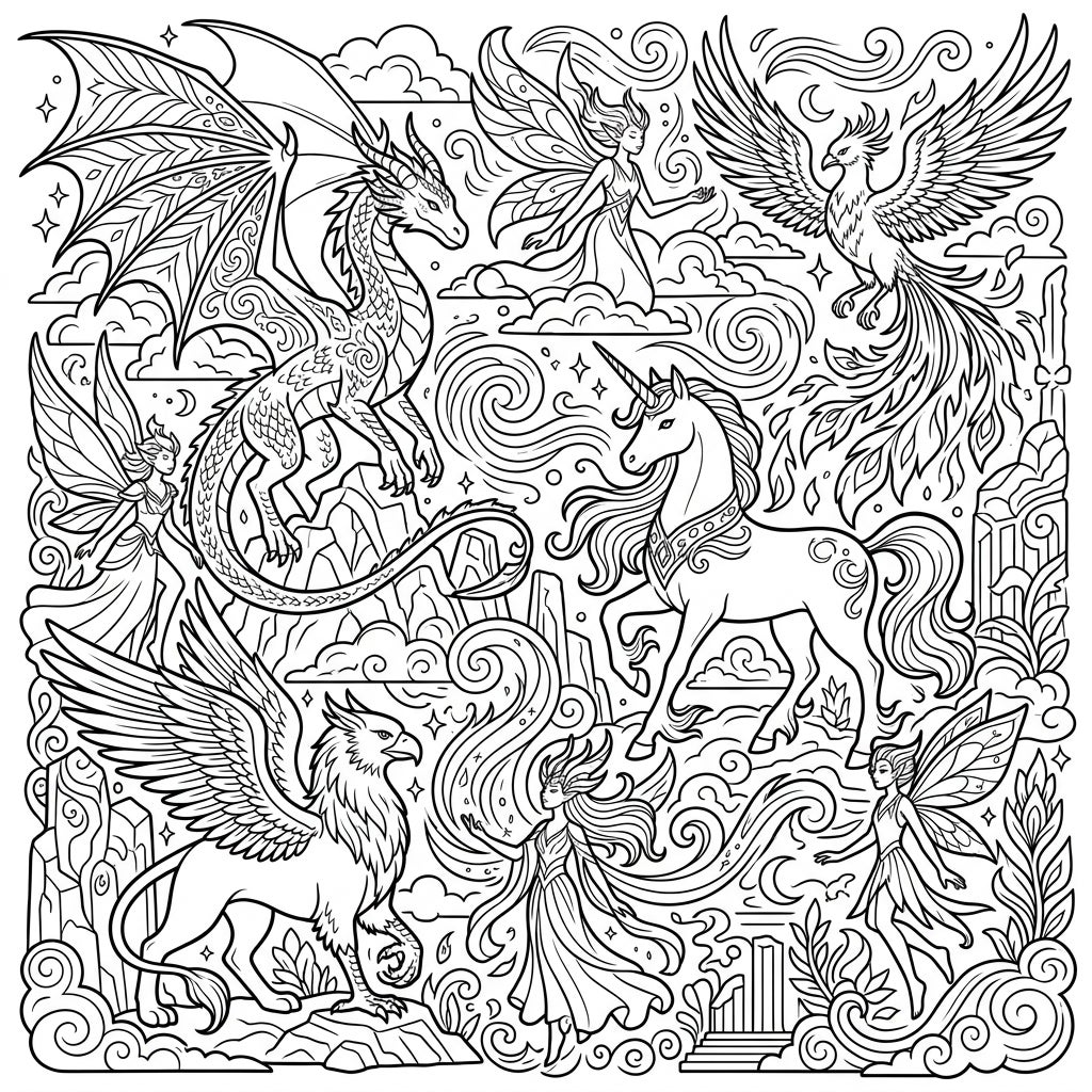 Fantasy & Mythology Coloring Pages - Minimalist Line Art — Color Pop