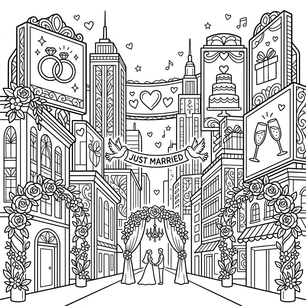 Digital Cityscape Wedding Coloring Page Printable Art — Color Pop