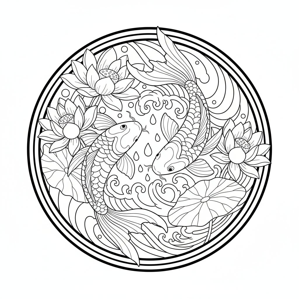 Página para Colorear: Koi y Loto, Diseño Japonés para Adultos — Color Pop