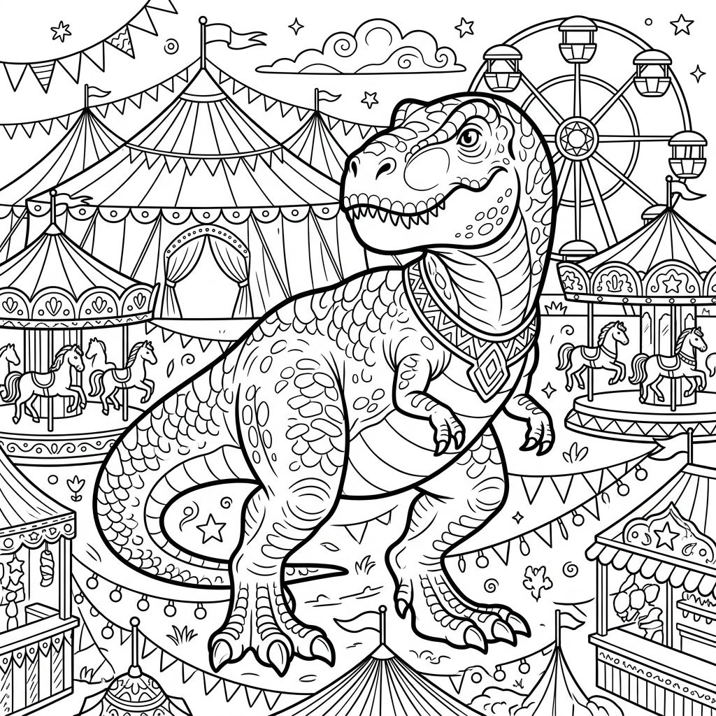 T-Rex gigante en carnaval - Página para colorear divertida — Color Pop