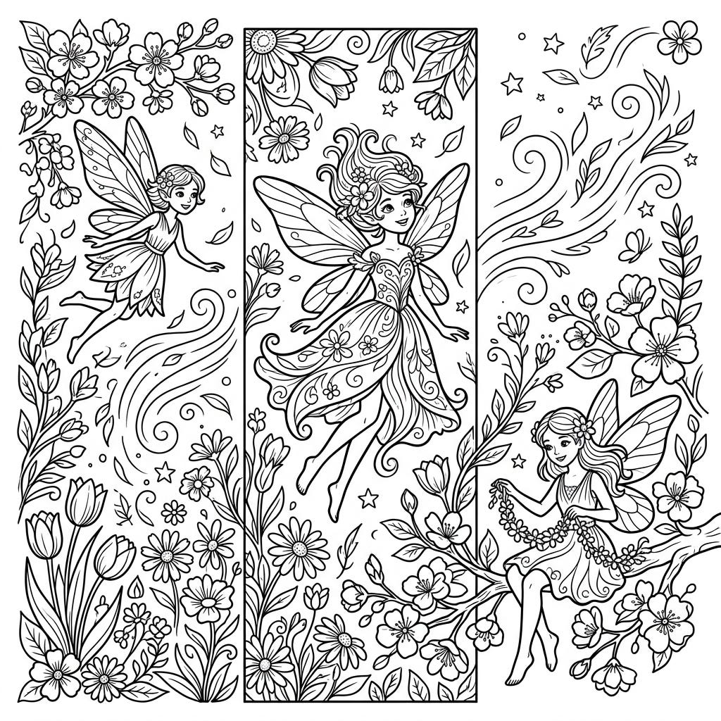 Spring Fairies Bookmark Coloring Page - Whimsical & Fun