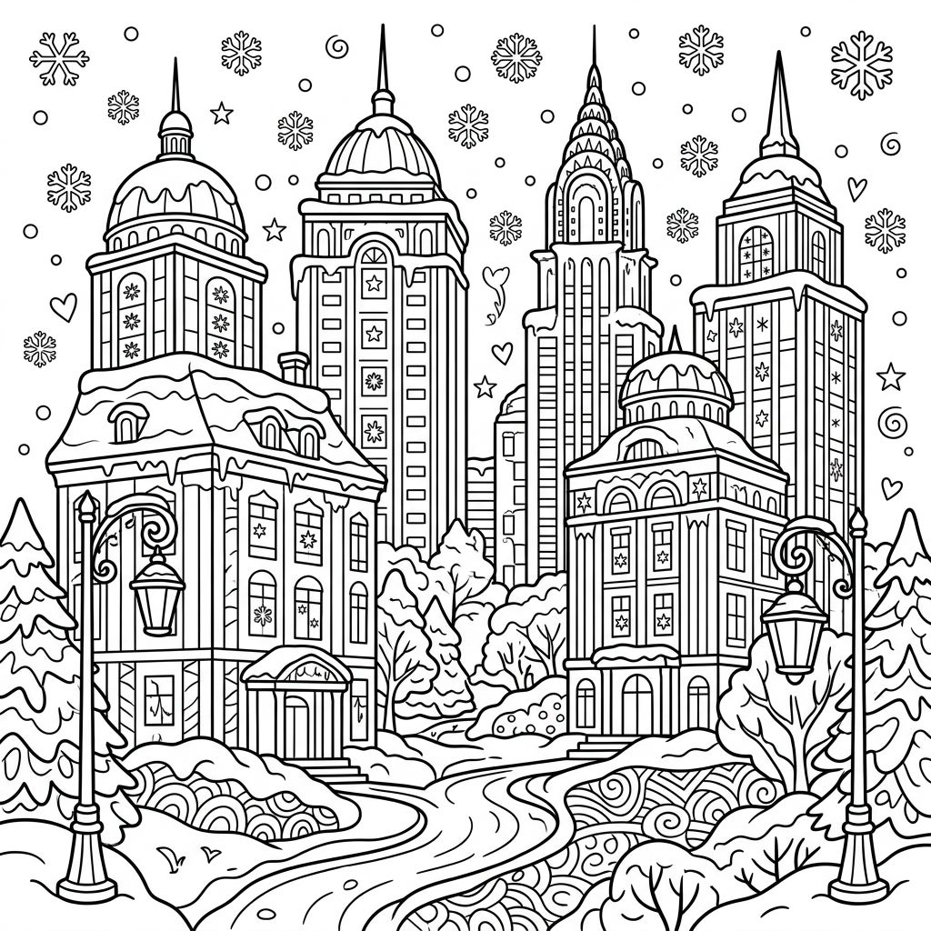 Winter Hotel Wolkenkratzer Ausmalbild - Kostenlos & Druckbar — Color Pop