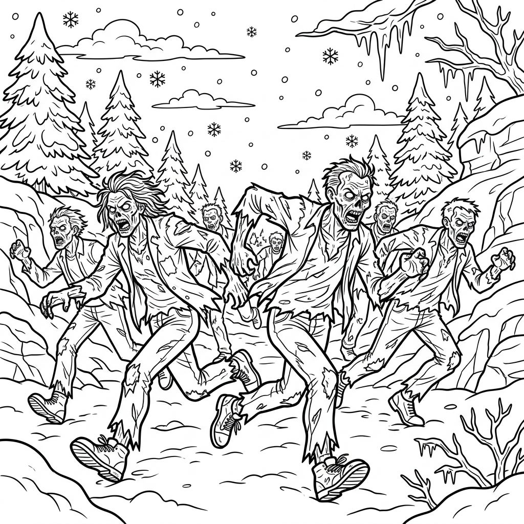 Running Zombies Winter Wonderland Coloring Page