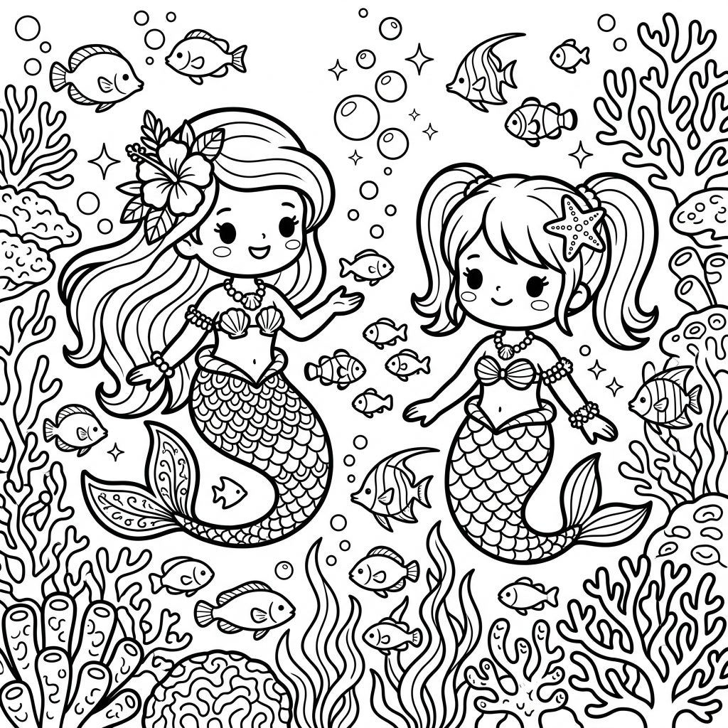 Sirenas Tropicales Kawaii - Dibujo para Colorear Gratis — Color Pop