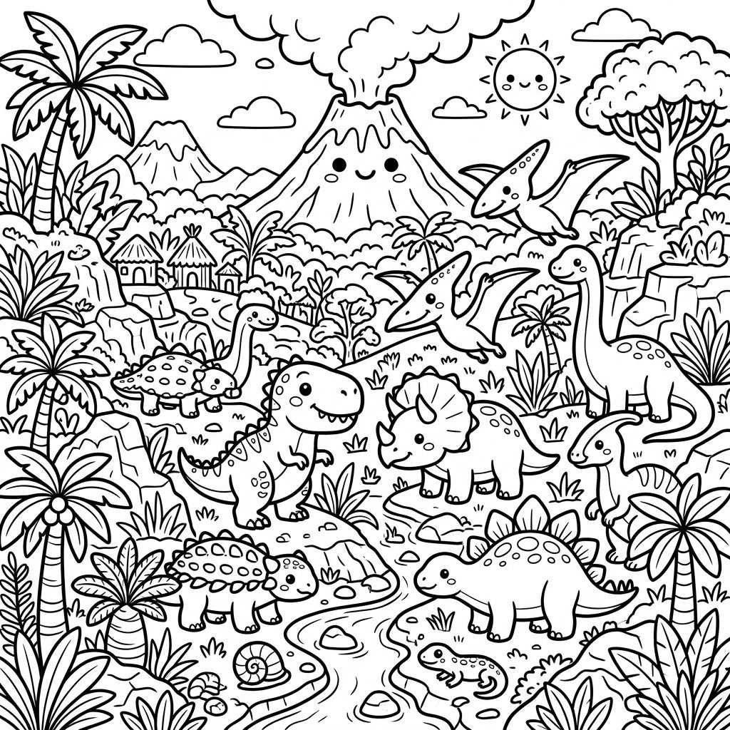 Kawaii Dinosaurs Prehistoric Landscape Coloring Page