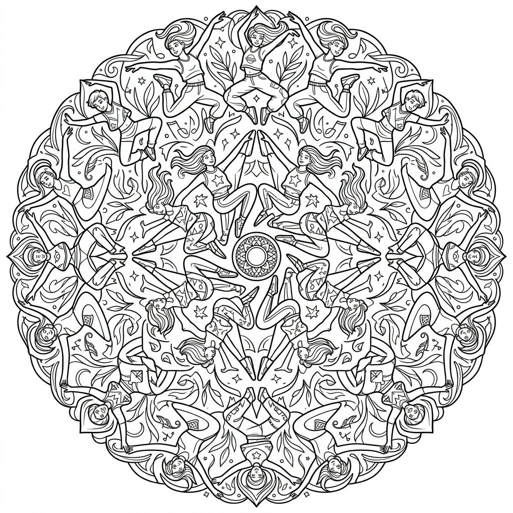 Bailarines Adolescentes Mandala – Dibujo para Colorear Gratis — Color Pop