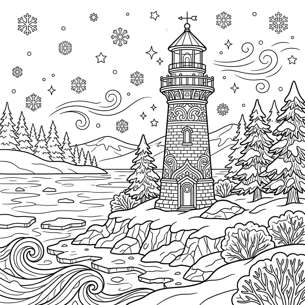 Torri Faro Invernali: Pagina da Colorare Adulti & Ragazzi — Color Pop