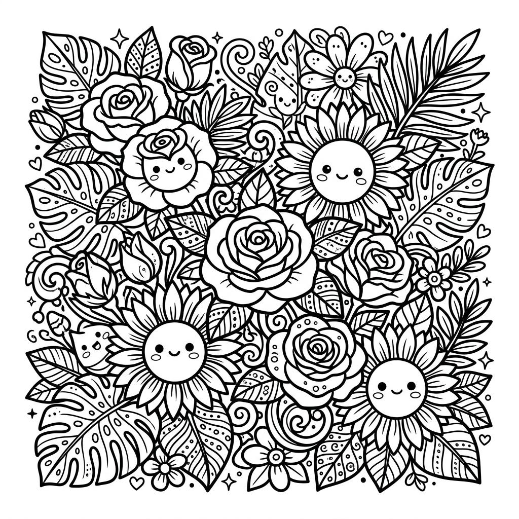 Kawaii Flower Power: Teens Coloring Page - Plants & Blooms