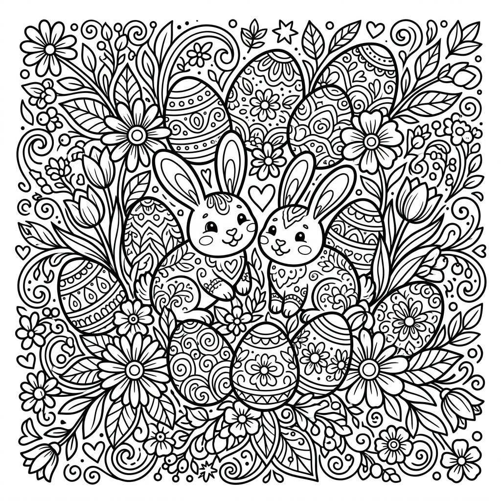 Intricate Easter Bunnies & Eggs Line Art Coloring Page — Color Pop