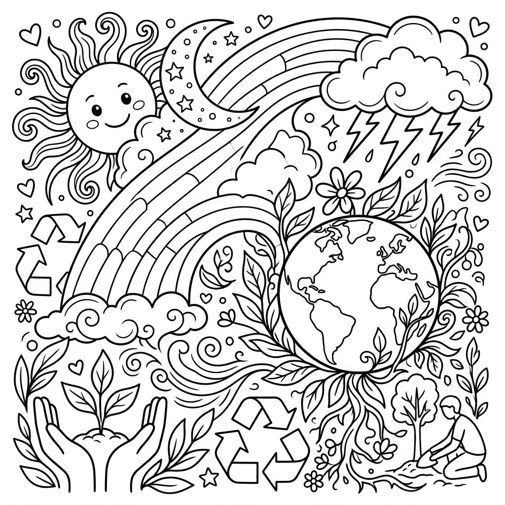 Fun Earth Day Weather & Elements Kids Coloring Page
