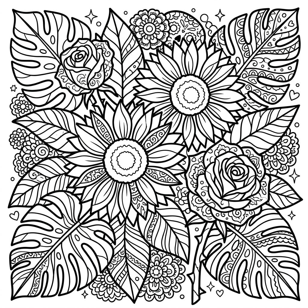 Stained Glass Plants & Flowers Coloring Page - Free Printable — Color Pop