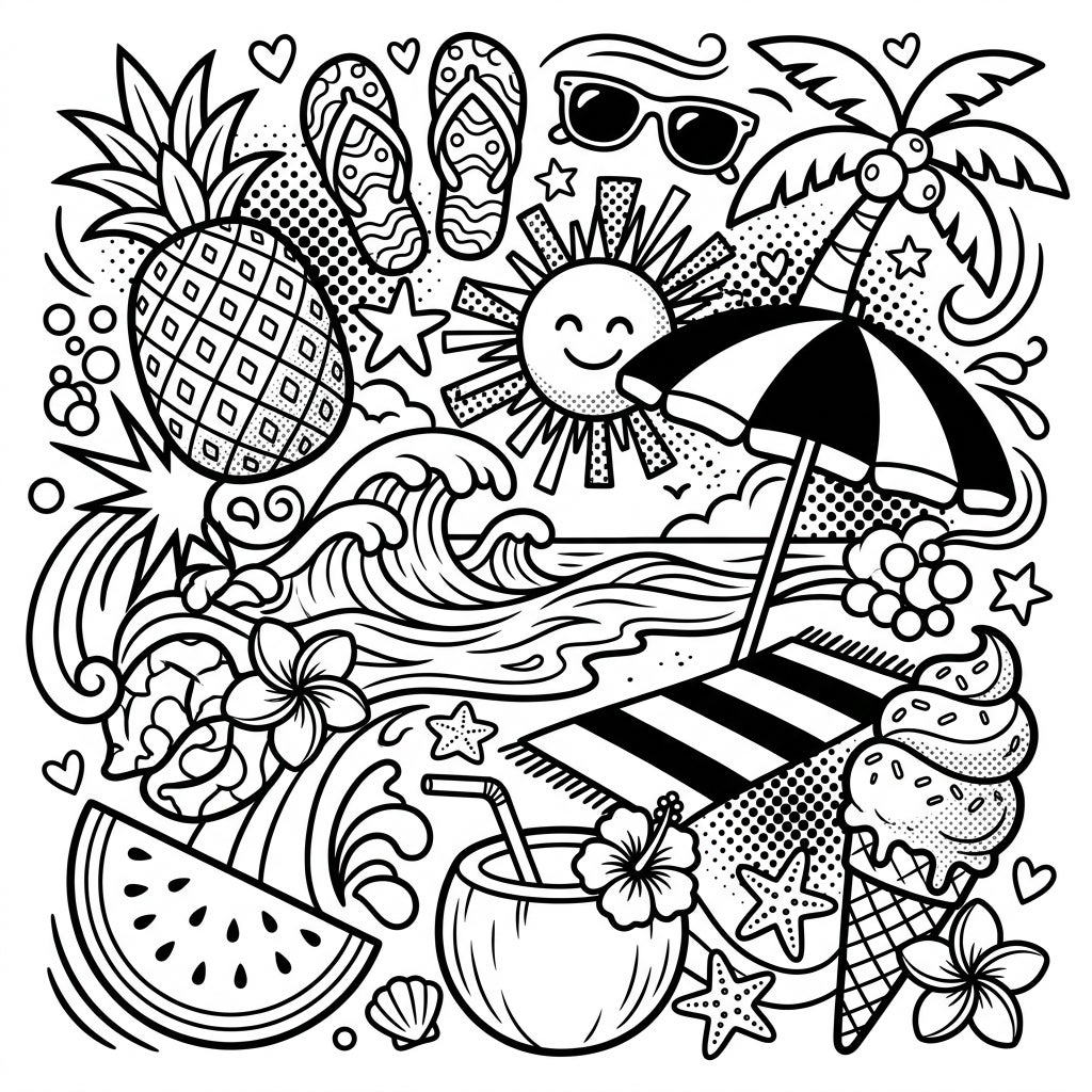 Pop Art Summer Fun: Beach & Vacation Coloring Page
