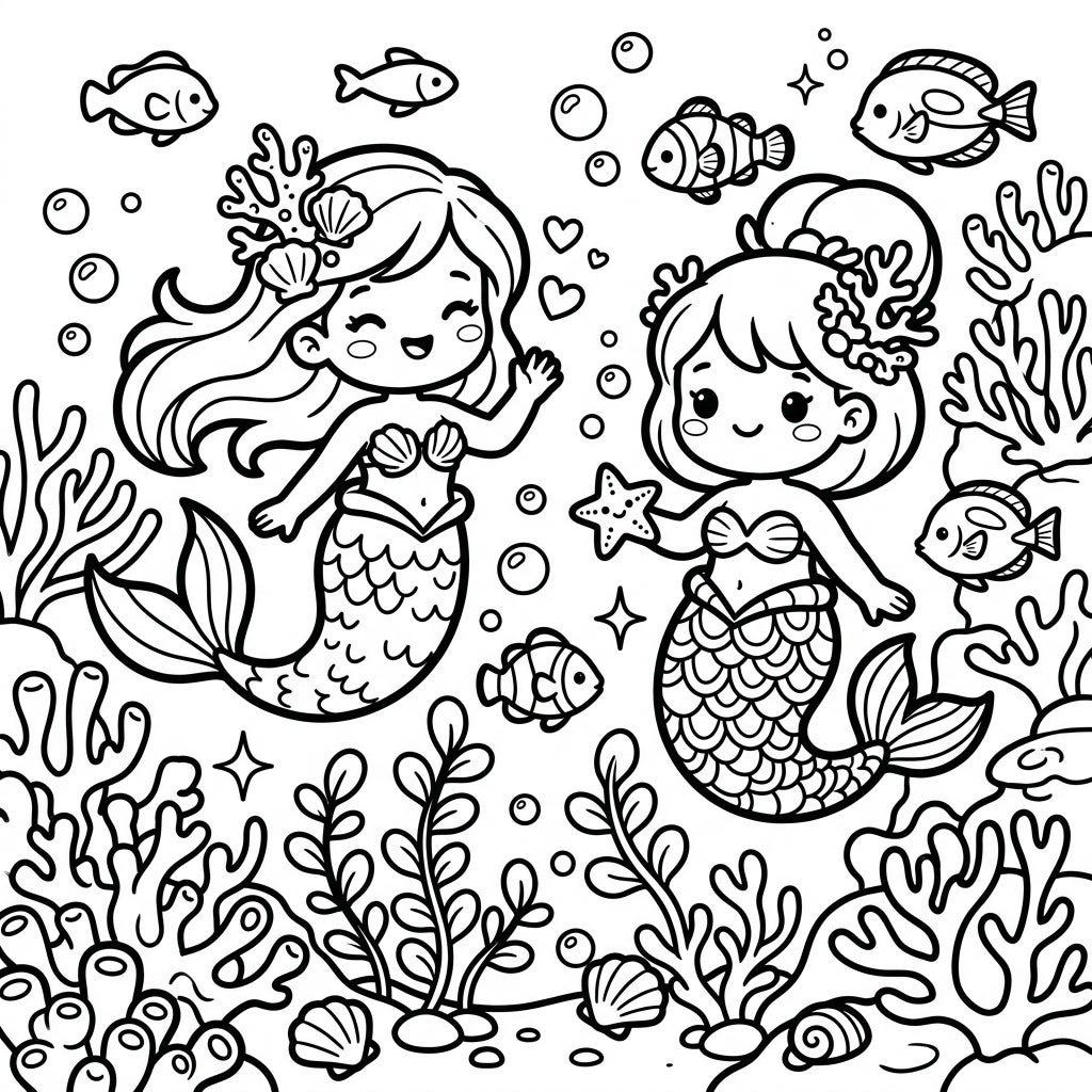 Sirenas Tropicales Kawaii para Colorear - Página Gratuita — Color Pop