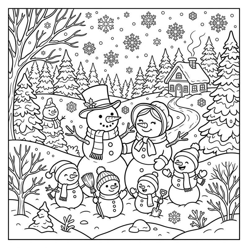 雪だるま家族の無料塗り絵【全10枚】 | 親子で楽しむ冬の印刷ぬりえ — Color Pop